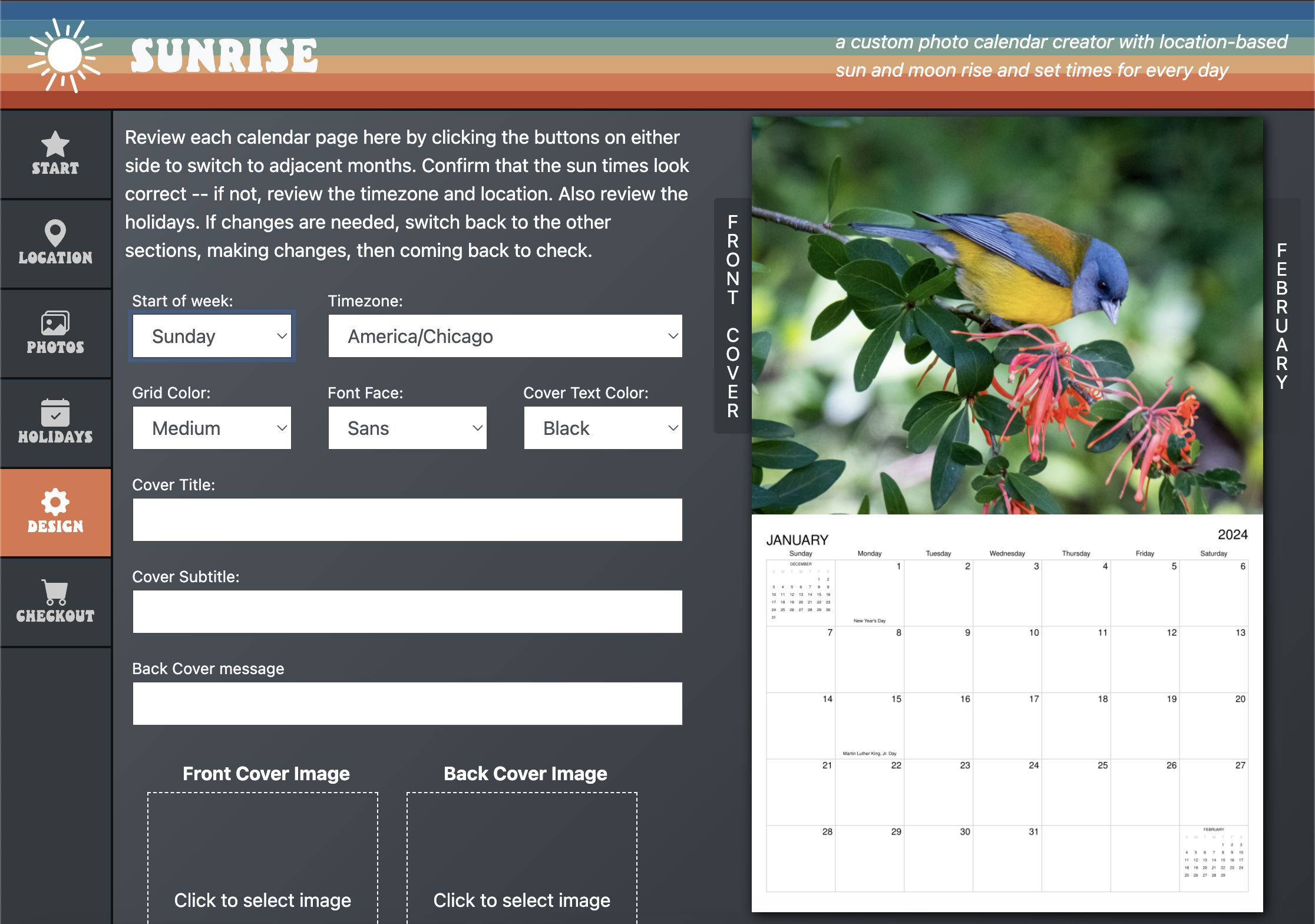Sunrise Calendar - custom printed wall calendars with sun and moon rise ...